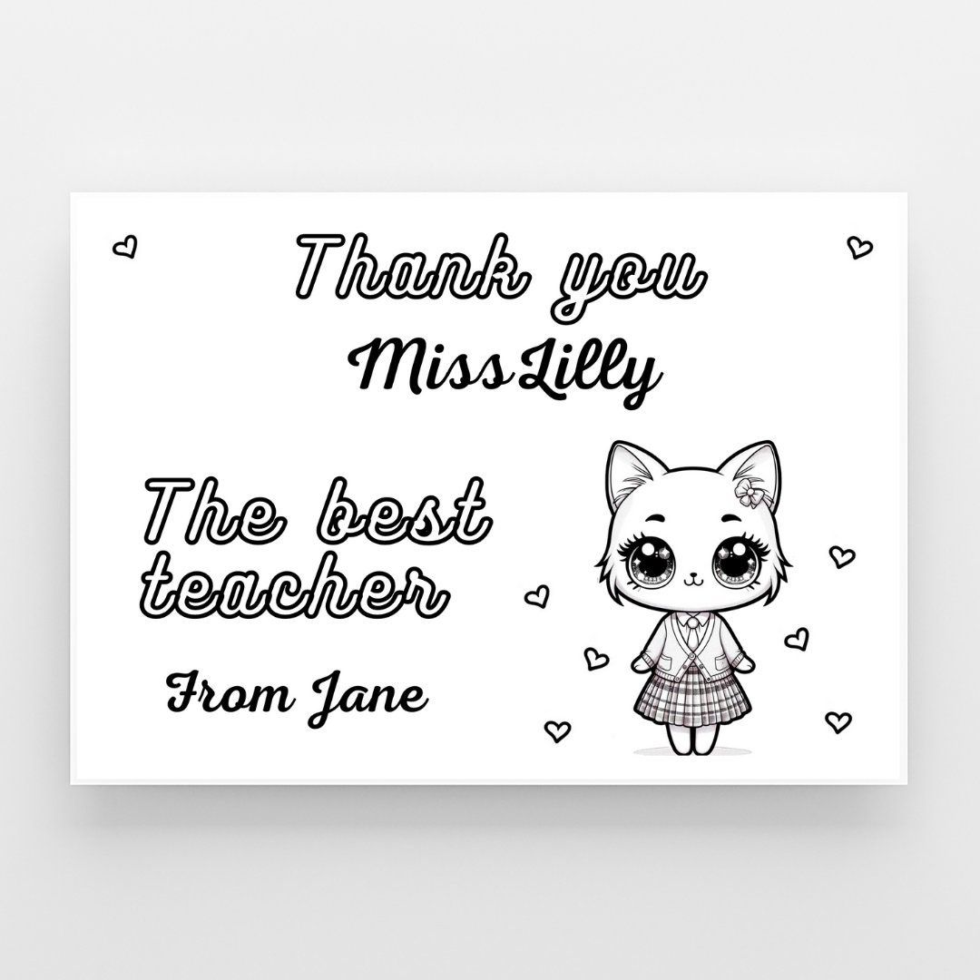 Teacher Thank You Card - Coloring Cat Card - Custom Name - Printable ...