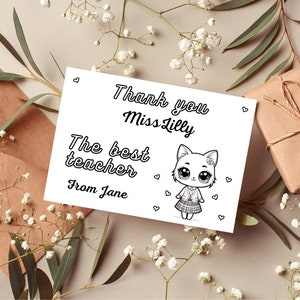 Teacher Thank You Card Coloring Cat Card Custom Name Printable Cards ...