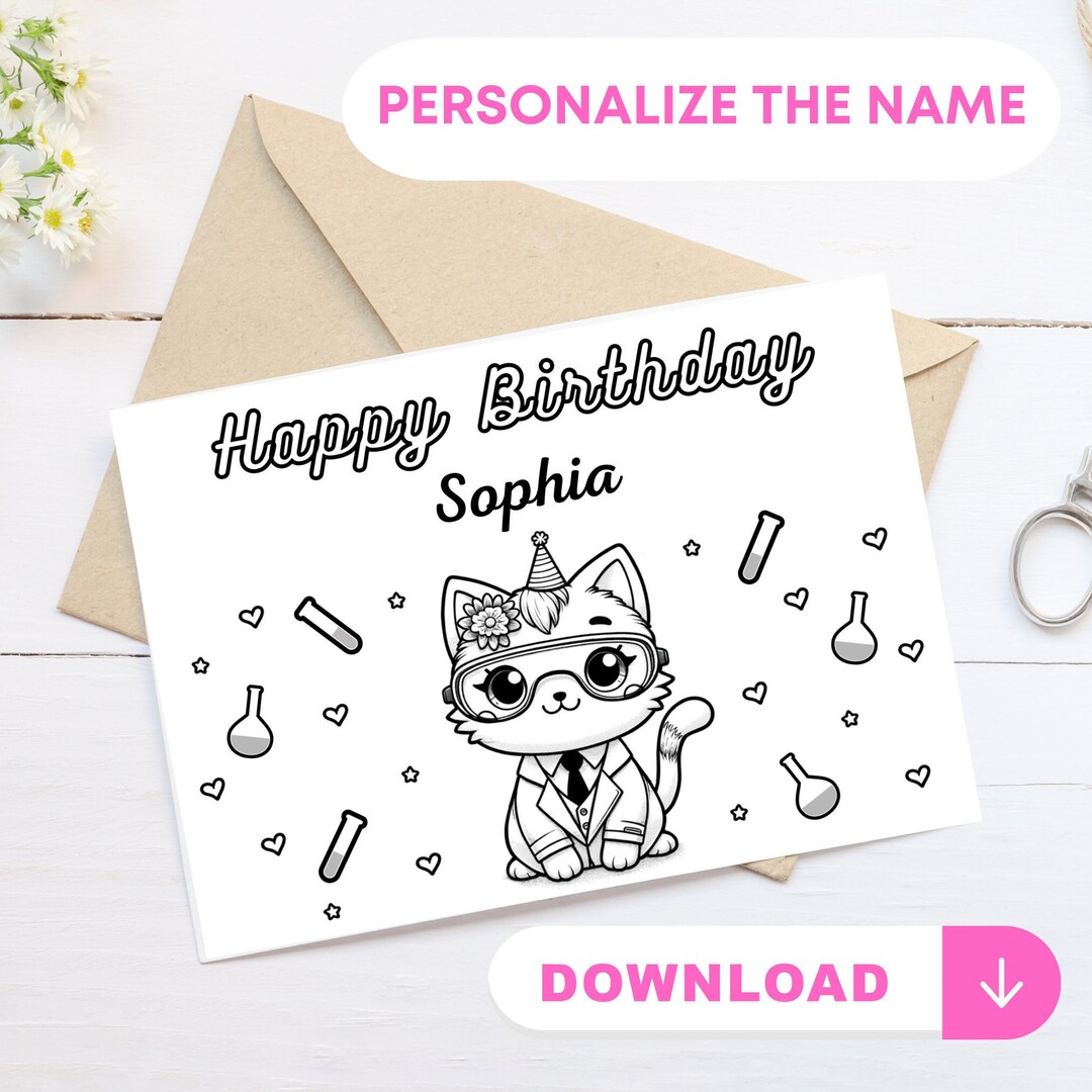 Scientific Cat Coloring Birthday Card - Custom Name - Printable Cards ...