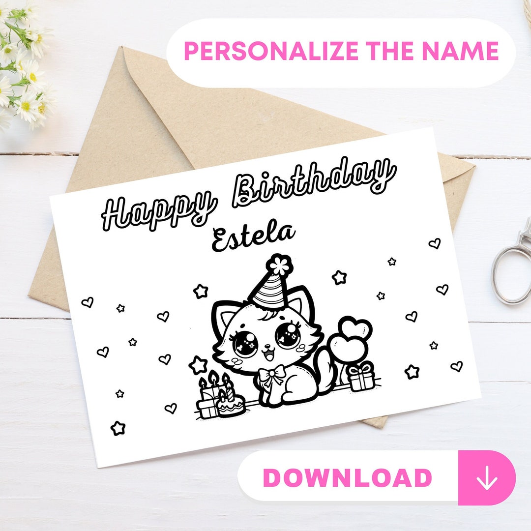 Cat Coloring Birthday Card - Custom Name - Printable Cards - Gifts for ...