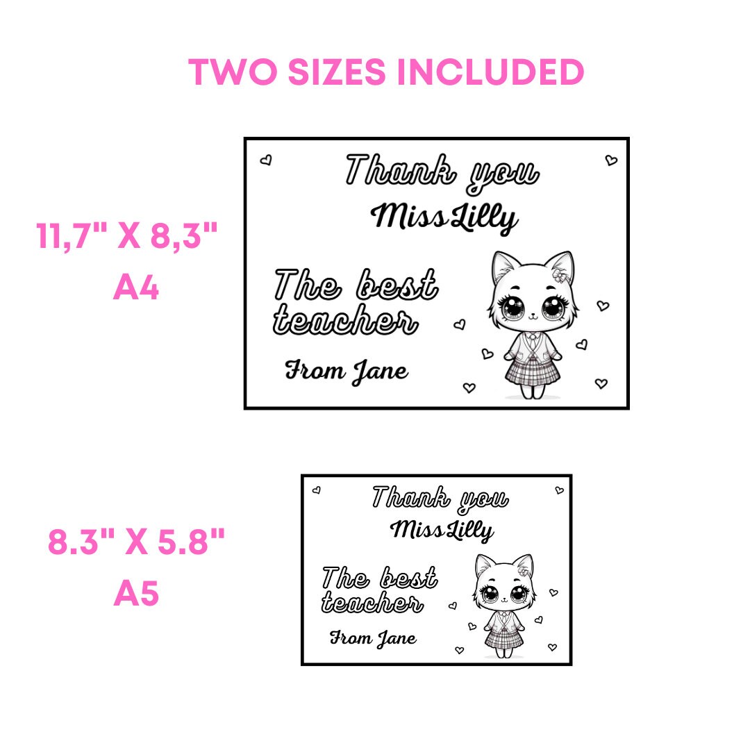 Teacher Thank You Card - Coloring Cat Card - Custom Name - Printable ...