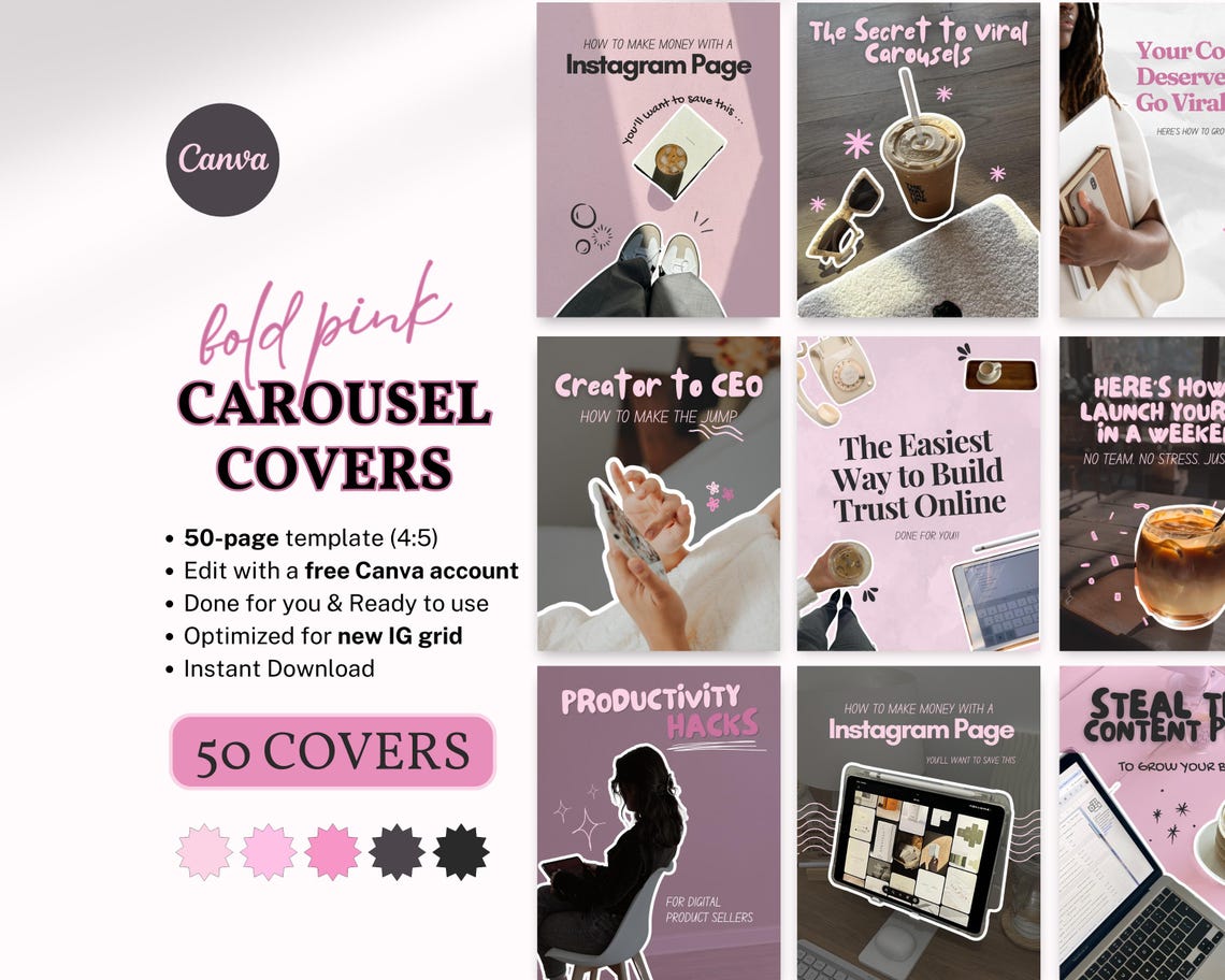 50 Pink Instagram Carousel Covers Canva Templates Coaches Creators ...