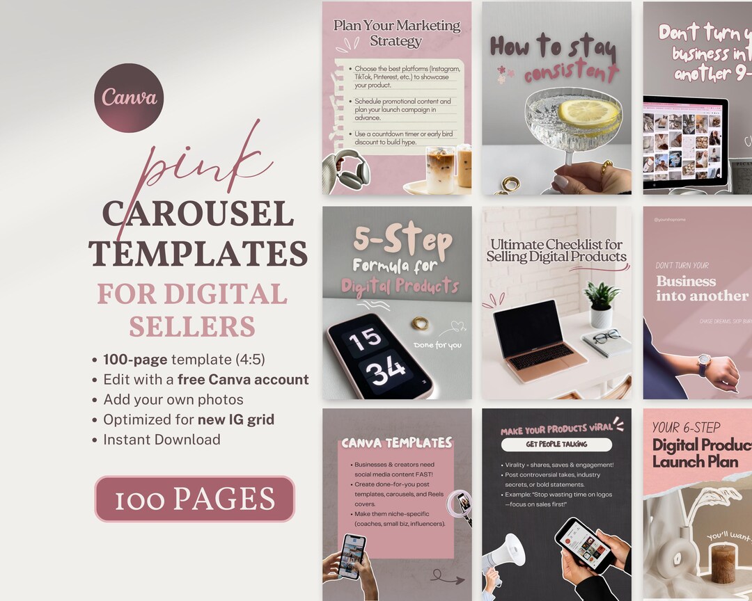 Pink Instagram Template 100 Editable Viral Canva Carousel Templates for ...