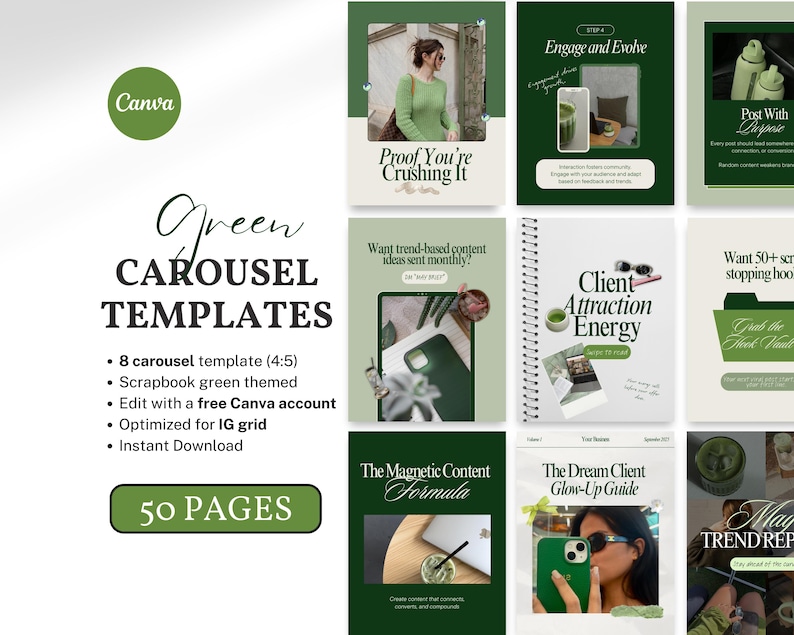 50 Green Instagram Carousel Templates Canva Scrapbook Template for ...