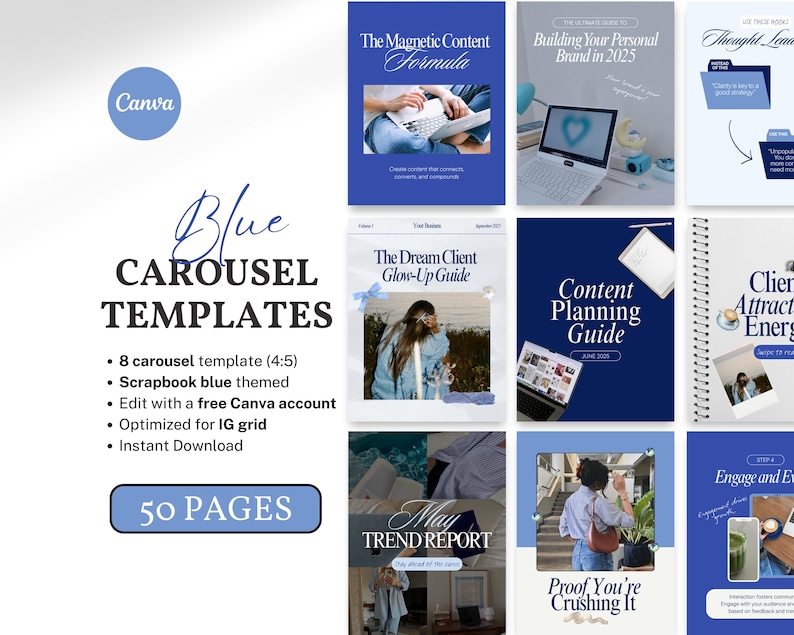 Blue Instagram Carousel Templates for Canva | Scrapbook Style Viral ...