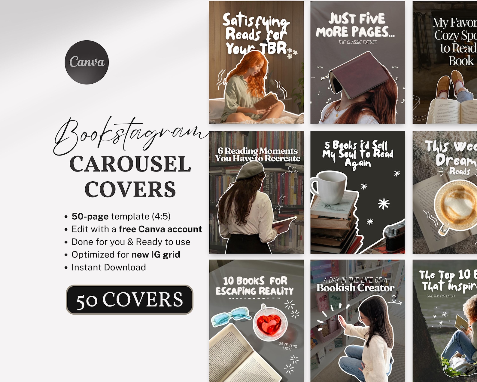 Bookstagram Carousel Covers IG Templates Editable Bookish Book Review ...