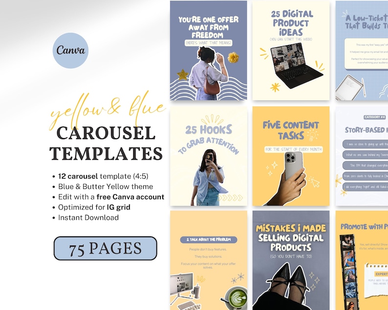 Butter Yellow Blue Instagram Carousel Templates 75 Editable Canva ...