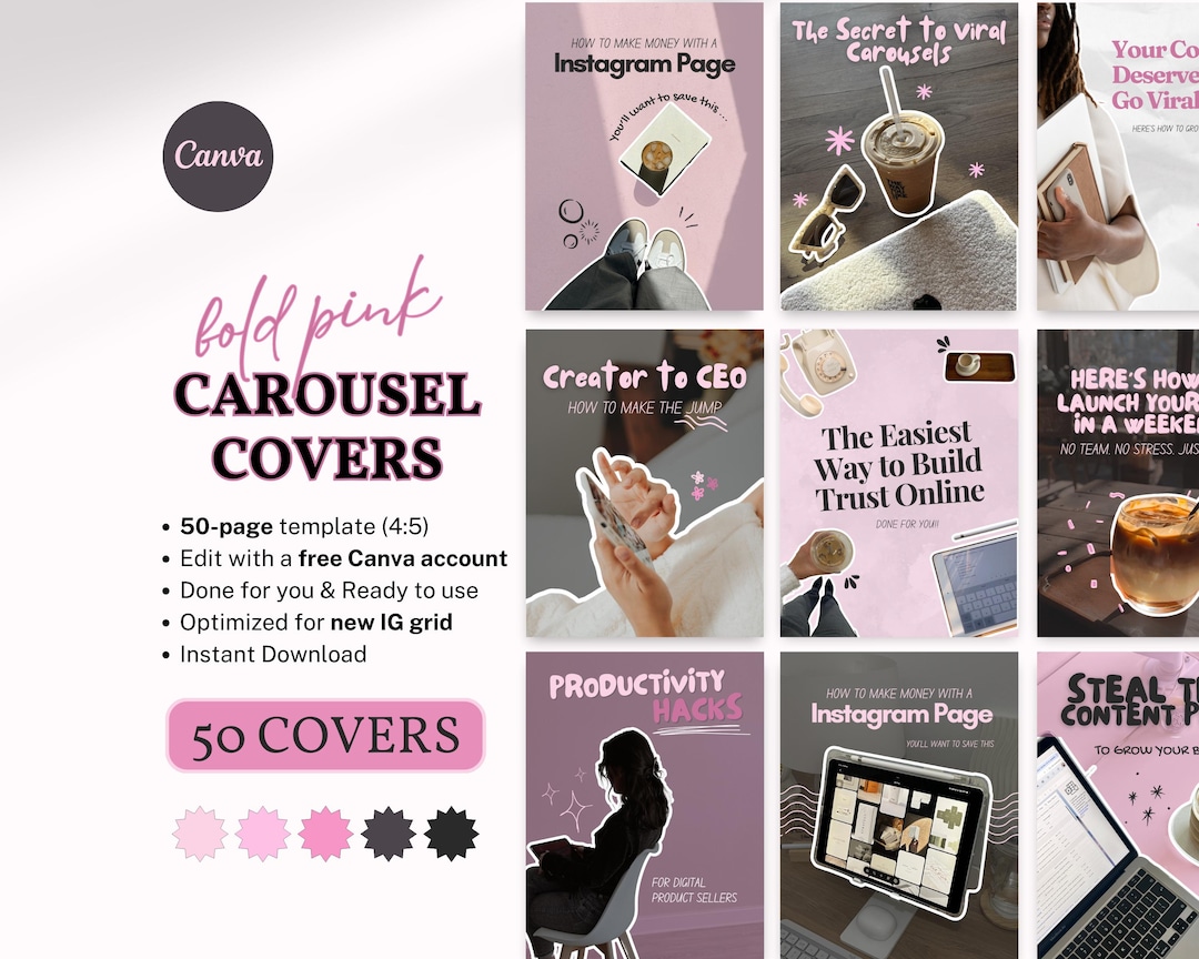 50 Pink Instagram Carousel Covers Canva Templates Coaches Creators ...