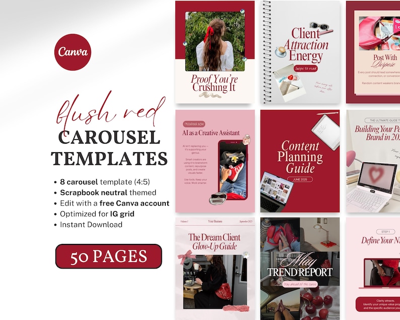 Red Instagram Carousel Templates for Coaches Creators 50 Pink Editable ...