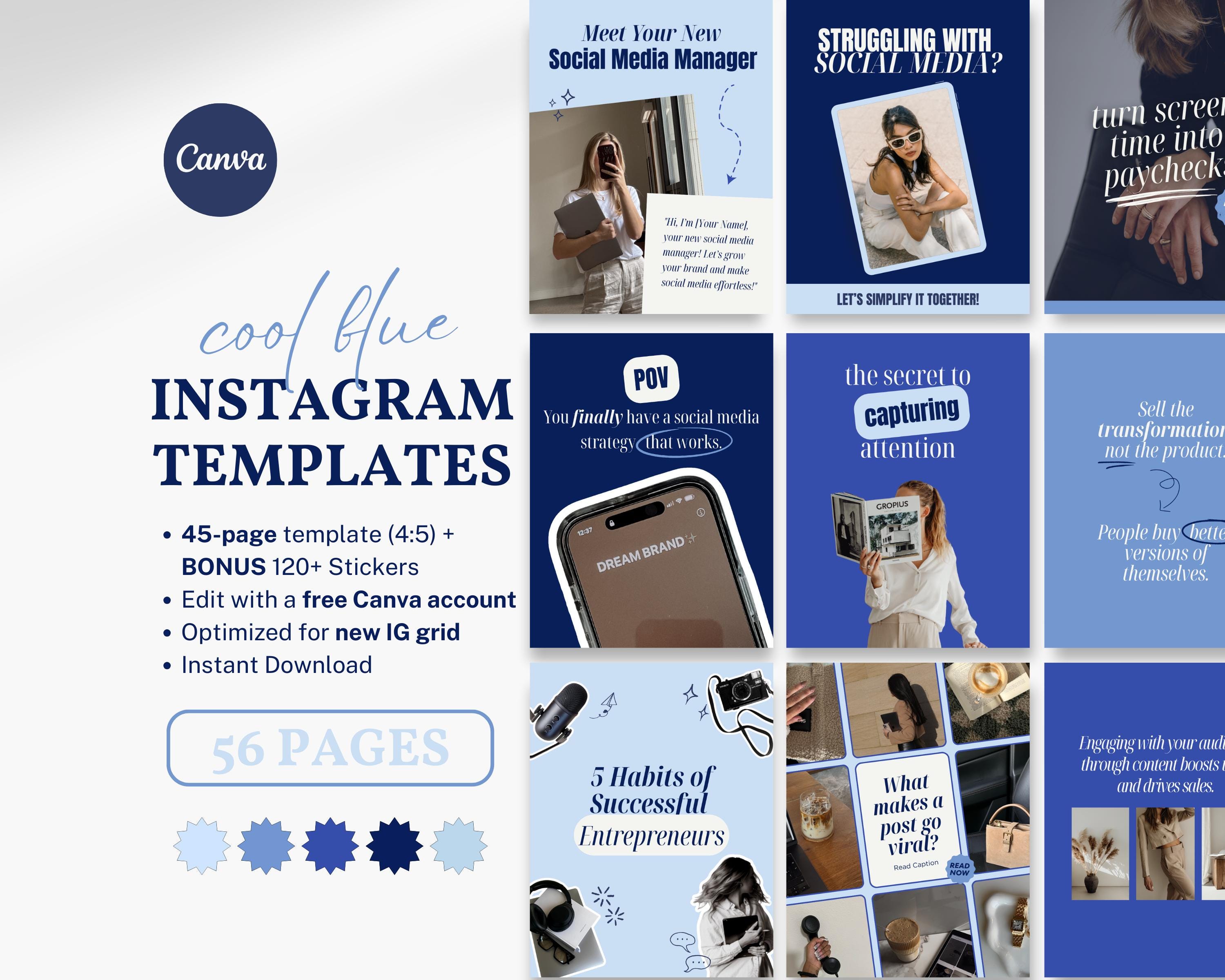 56 Cool Blue Instagram Carousel Canva Templates PLR MRR | Editable ...
