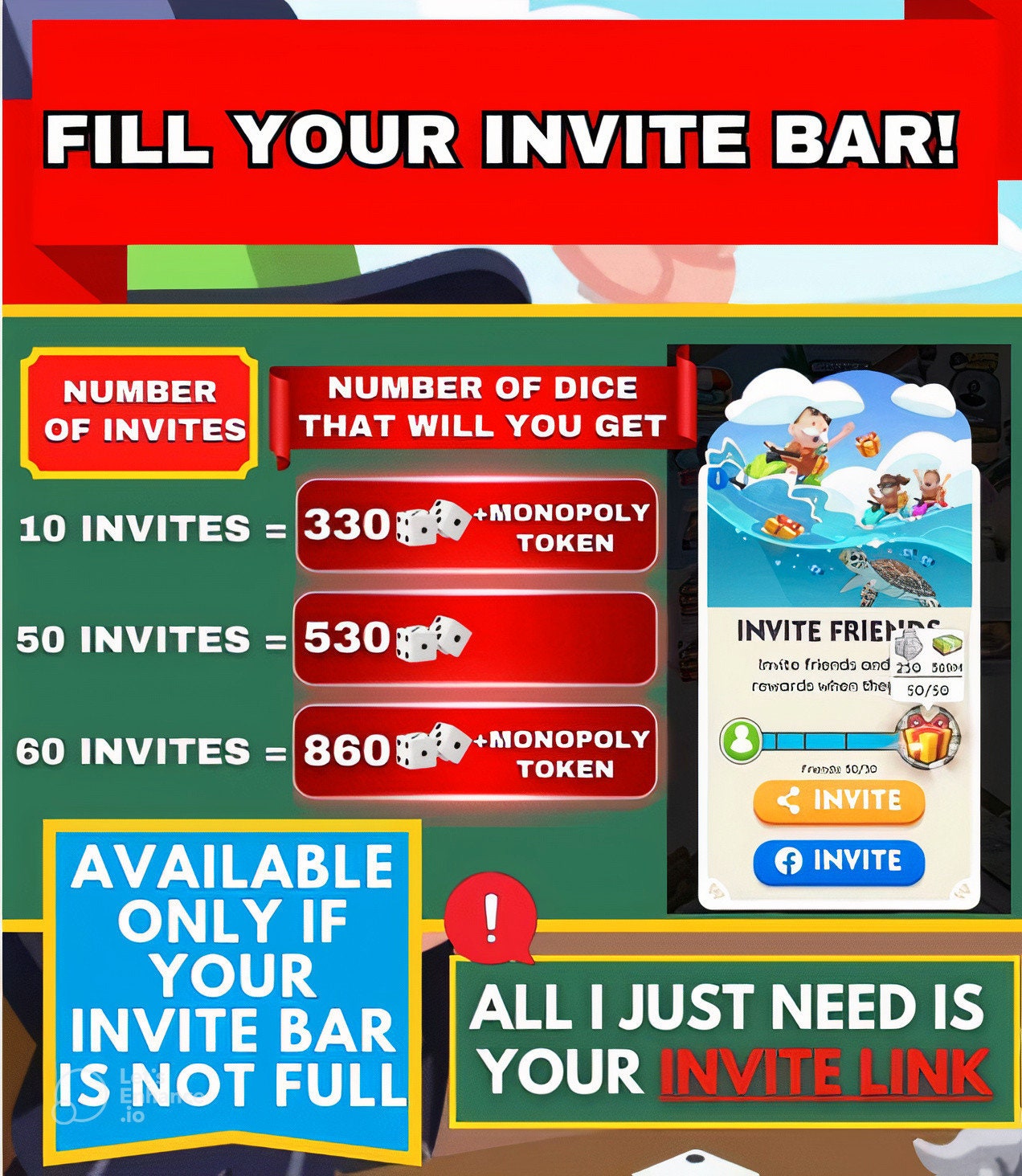Monopoly Go Invite Bar Full 850 Dices - Etsy