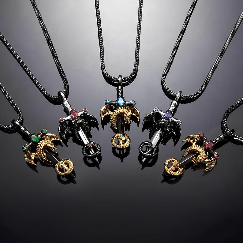 Sword Necklace With Cross and Dragon Birthstone Pendant | Dragon Sword ...