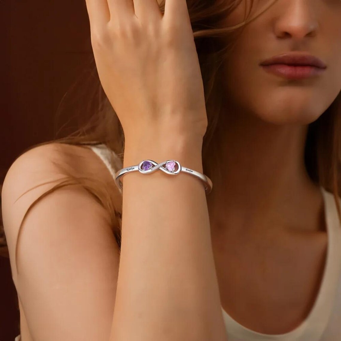 Personalized Infinity Bangle With Names & Heart Birthstones | Open Cuff ...