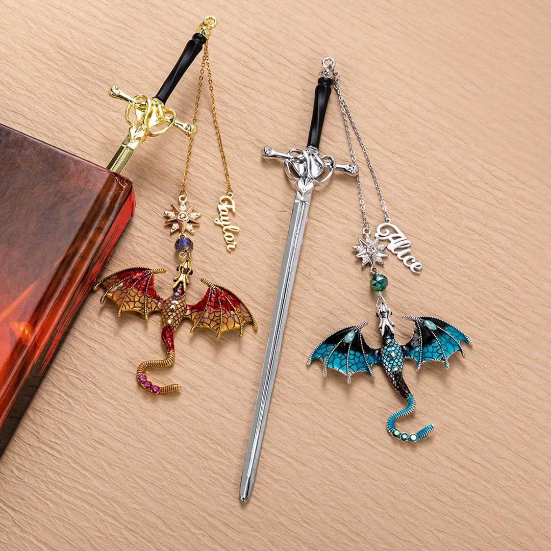 Personalized Name Fantasy Dragon Sword Bookmark | Fourth Wing Gothic ...