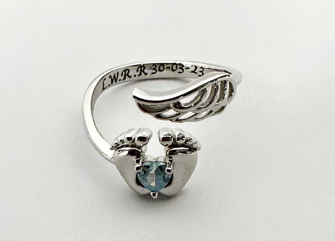 Personalized Angel Wings and Baby Feet Memorial Ring Sterling Silver ...