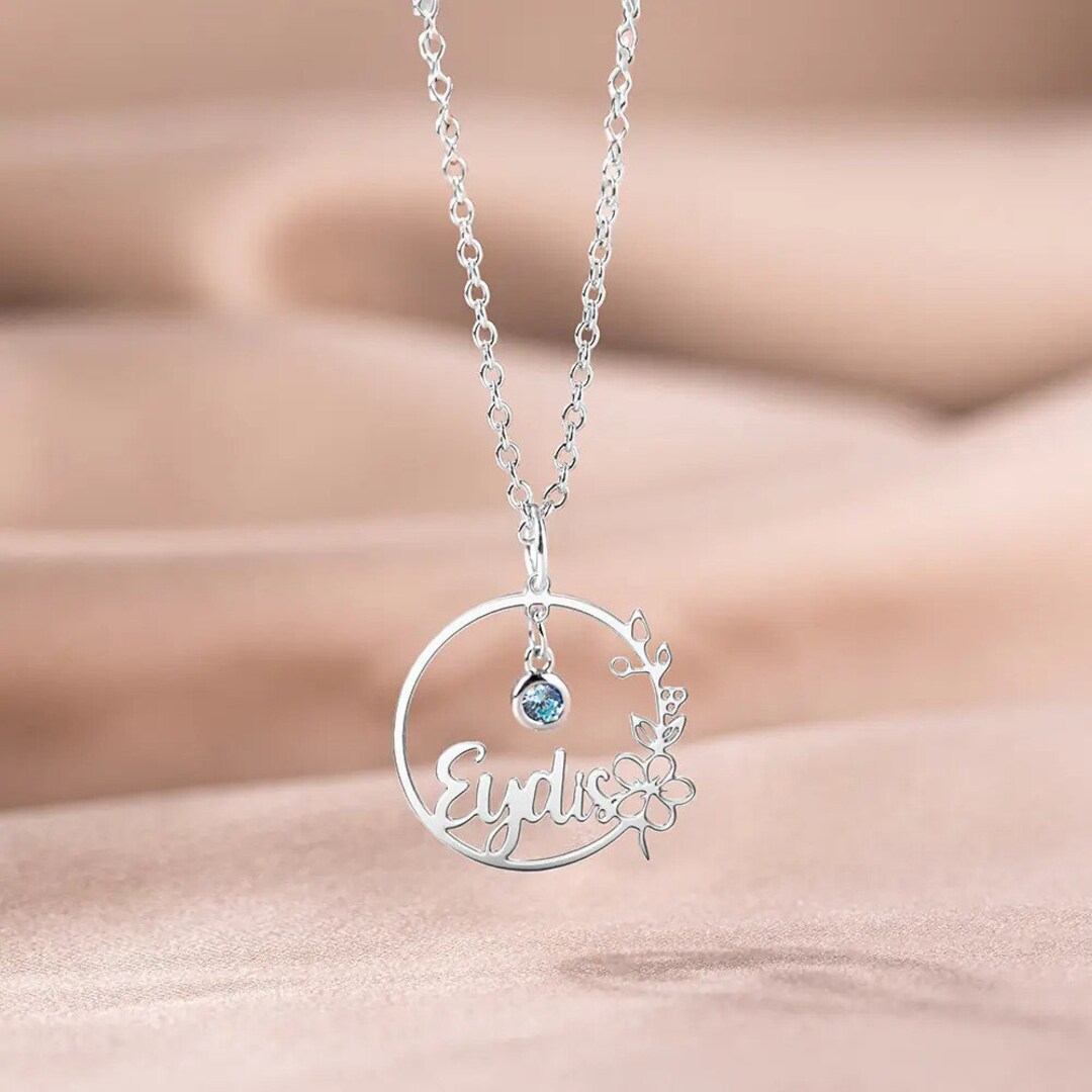 Personalized Birthstone & Birth Flower Necklace | Dainty Name Circle ...