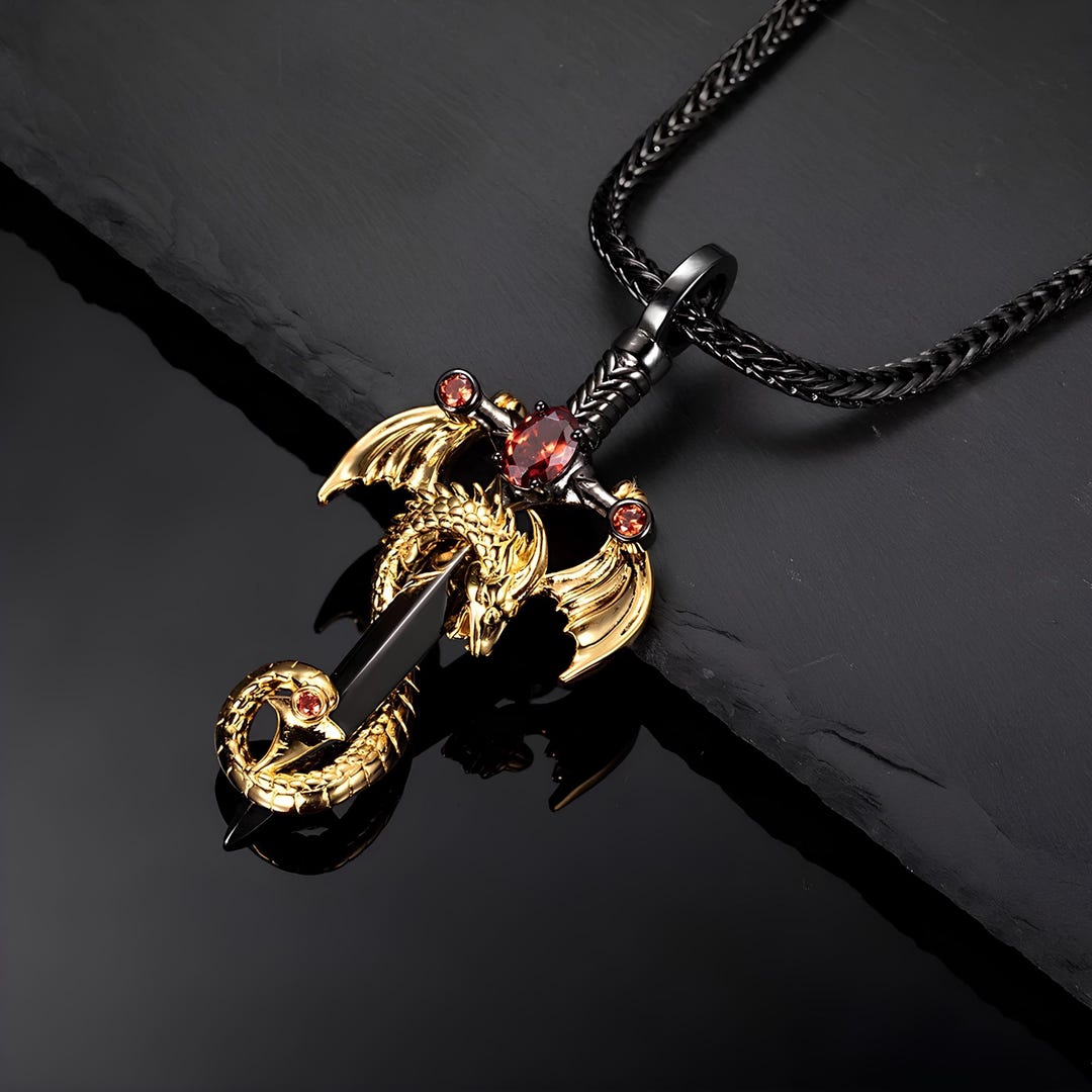 Sword Necklace With Cross and Dragon Birthstone Pendant | Dragon Sword ...
