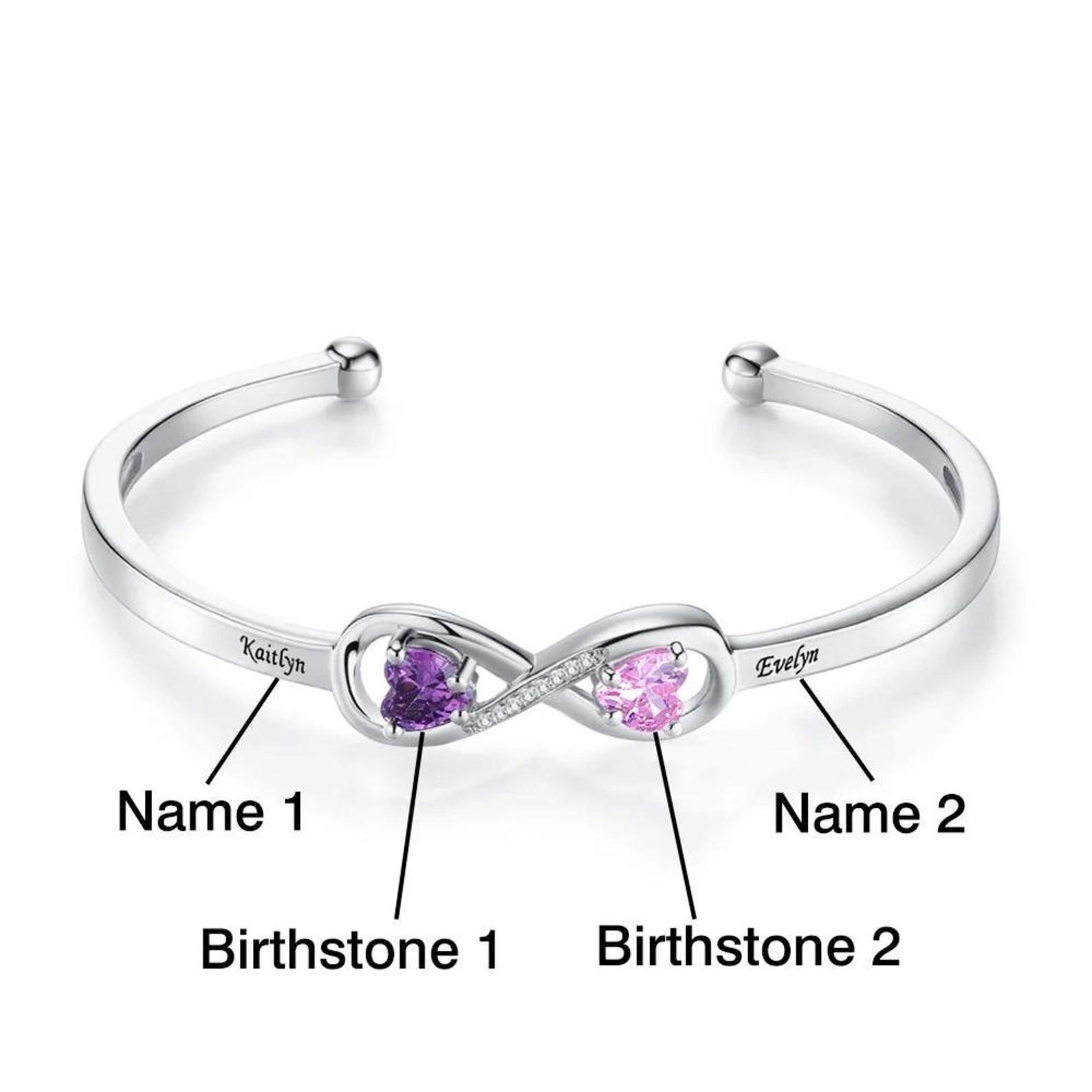 Personalized Infinity Bangle With Names & Heart Birthstones | Open Cuff ...