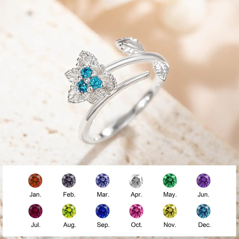 Personalized Birth Flower Ring With Birthstone, 3D Ring | Birthstone ...