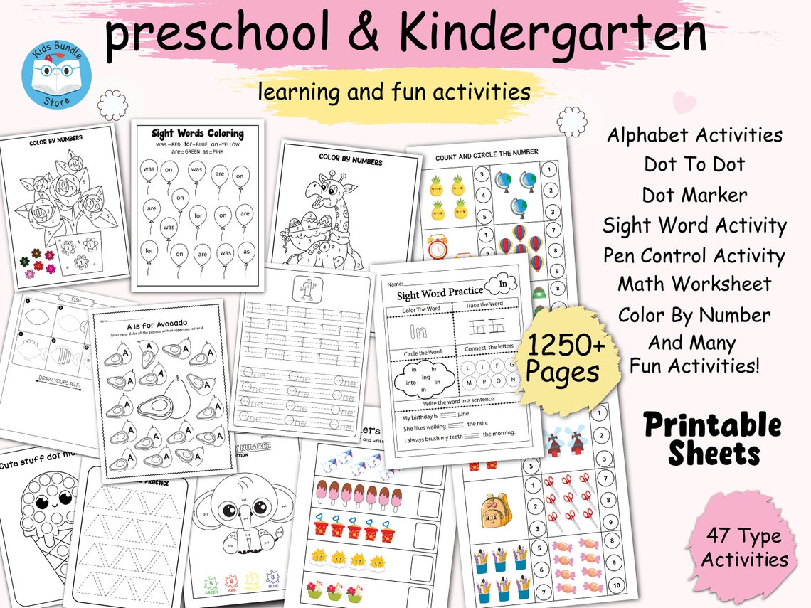 1250 Preschool Pre-k Kindergarten Learning Bundle, Kids Worksheet ...