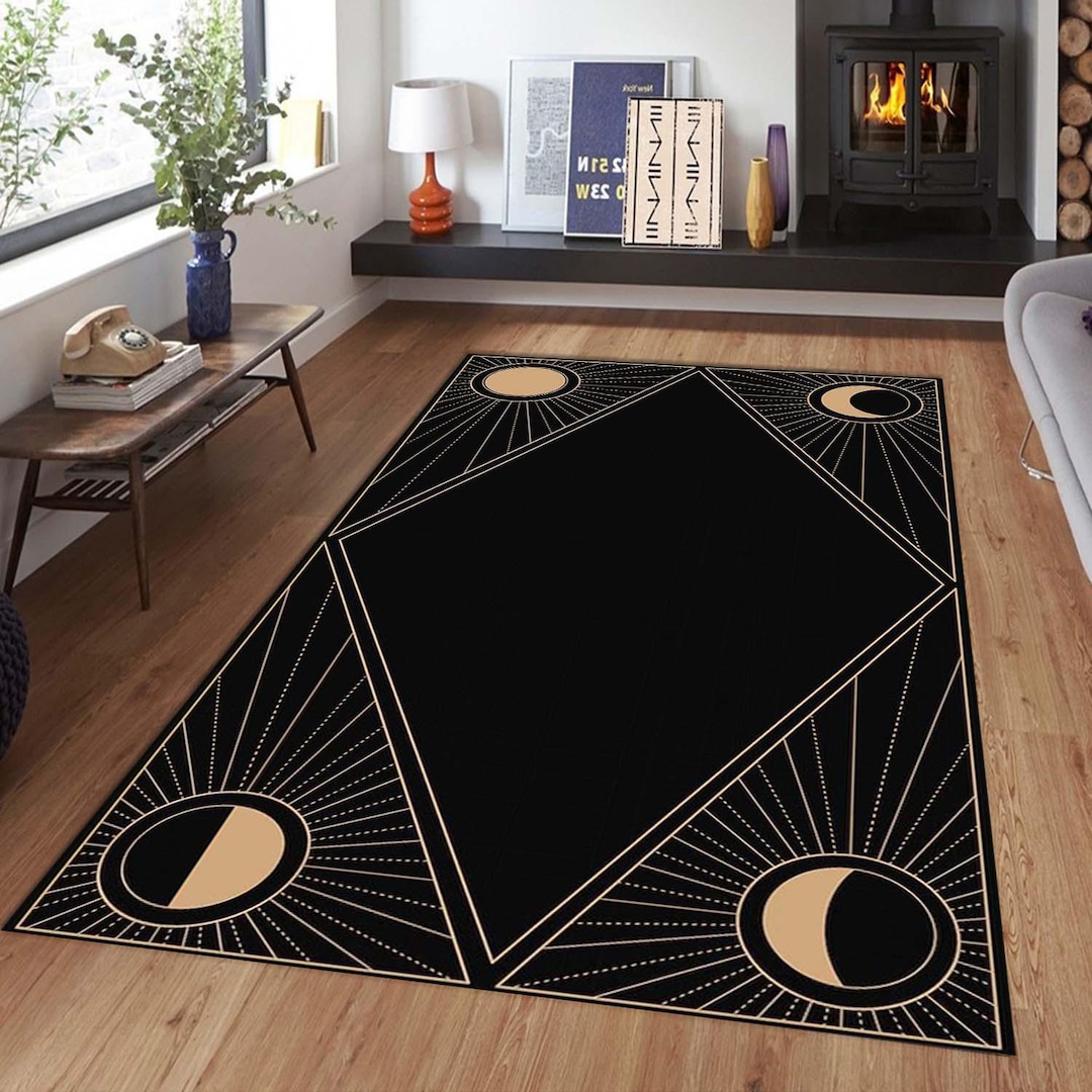 Geometric Moon Phase Rug, Black and Beige Modern Rug, Witchy Decor Rug ...