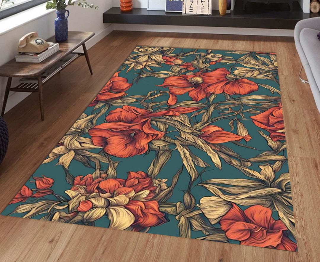 Floral Rug, Area Rug, Vintage Floral Area Rug, Teal Orange Botanical ...