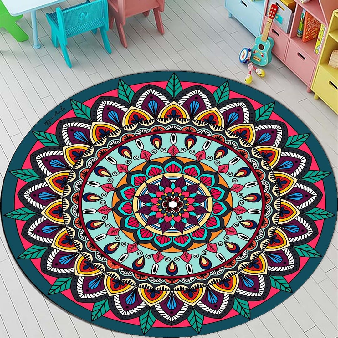 Round Rug, Boho Mandala Round Rug, Vibrant Colorful Floor Mat ...