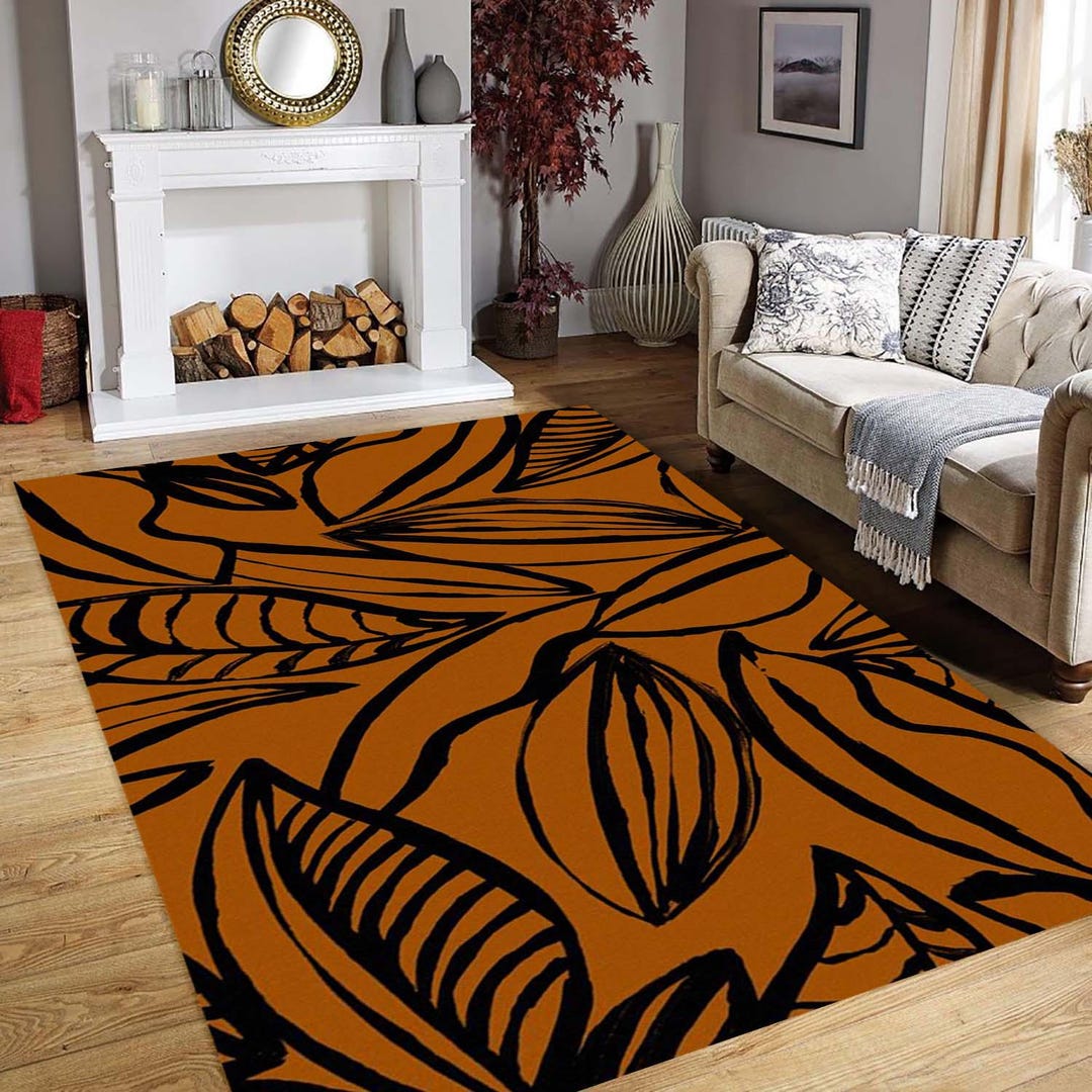 Modern Terracotta Leaf Area Rug, Bold Black Botanical Rug, Abstract ...