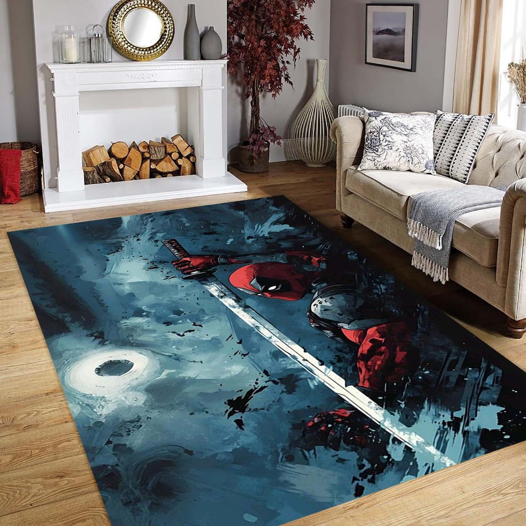 Red Ninja Warrior Rug, Washable Rug, Comic Style Superhero Area Rug ...