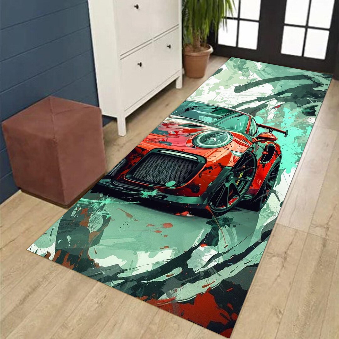 Retro Car Rug, Vintage Muscle Car Floor Mat, Car Rug, Color Splash Pop ...