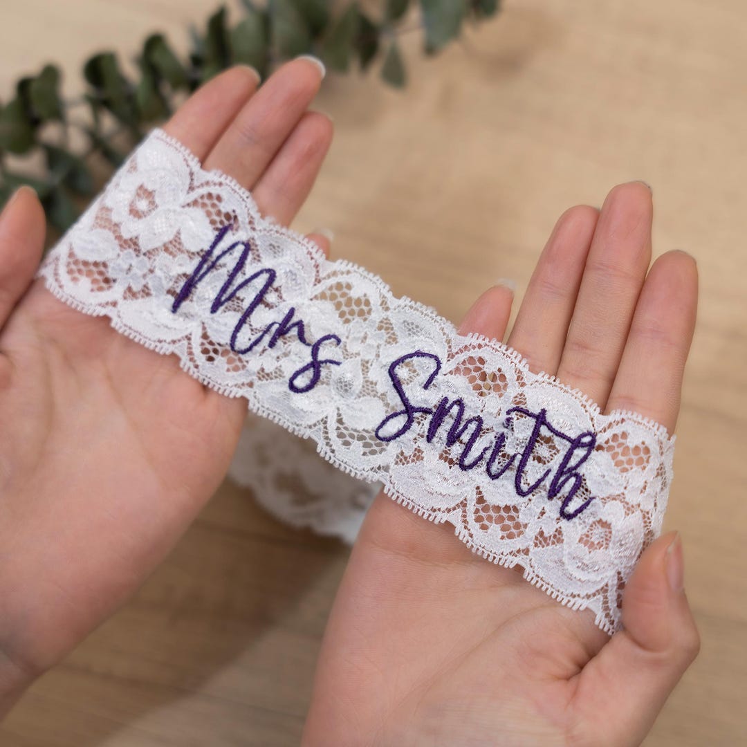 Personalized Name Wedding Garter, Embroidered Dusty Blue Wedding Garter ...