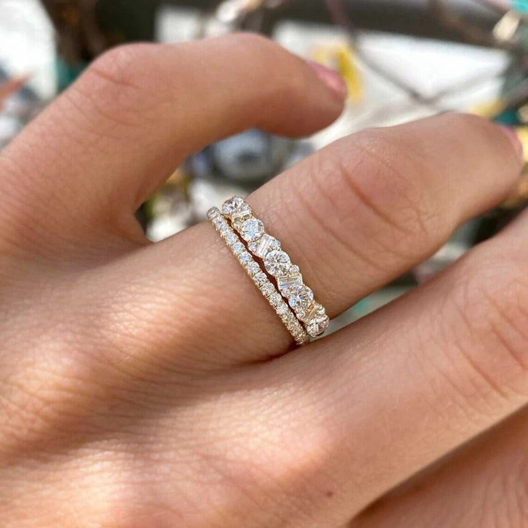 Multi Shape Cluster Wedding Ring Alternating Taper Baguette & Round Cut ...