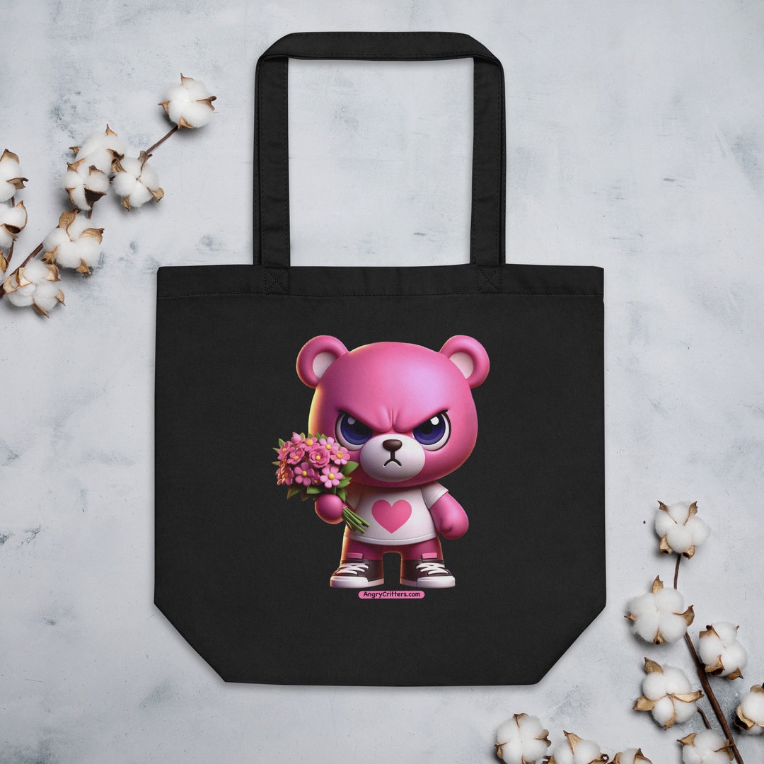 Angry Critters Pink Teddy Bear With Flowers Eco Tote Bag - Etsy
