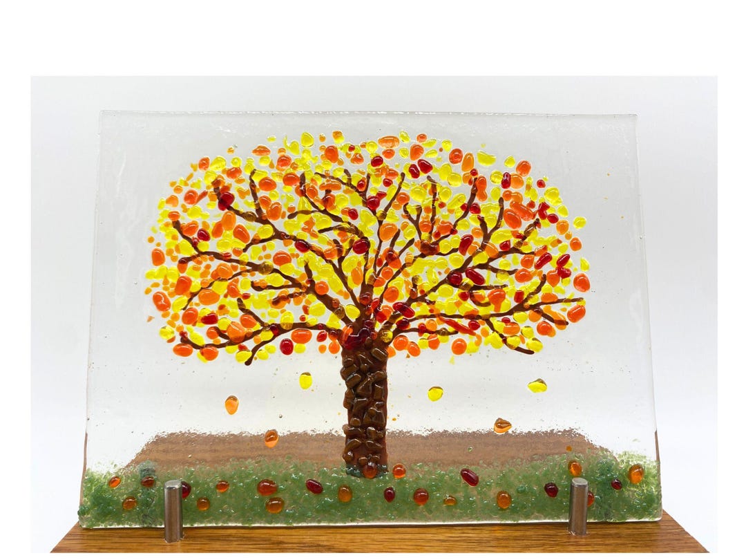 Handmade Fall Tree Fused Glass Picture W/ Wooden Stand, Fall Decor ...