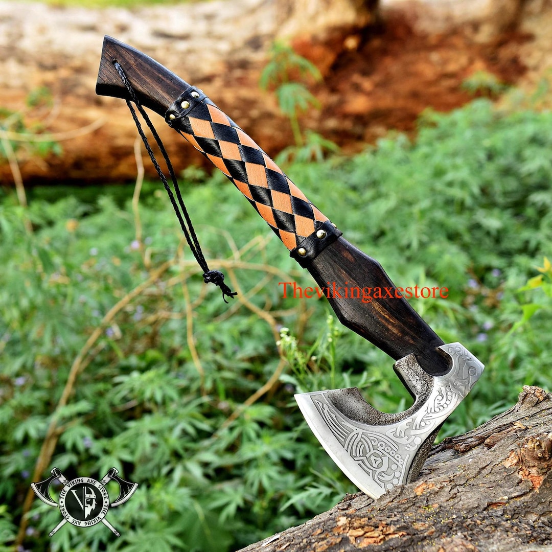 Hand Forged Viking Axe: Carbon Steel Bearded Hatchet, Ash Wood Handle ...