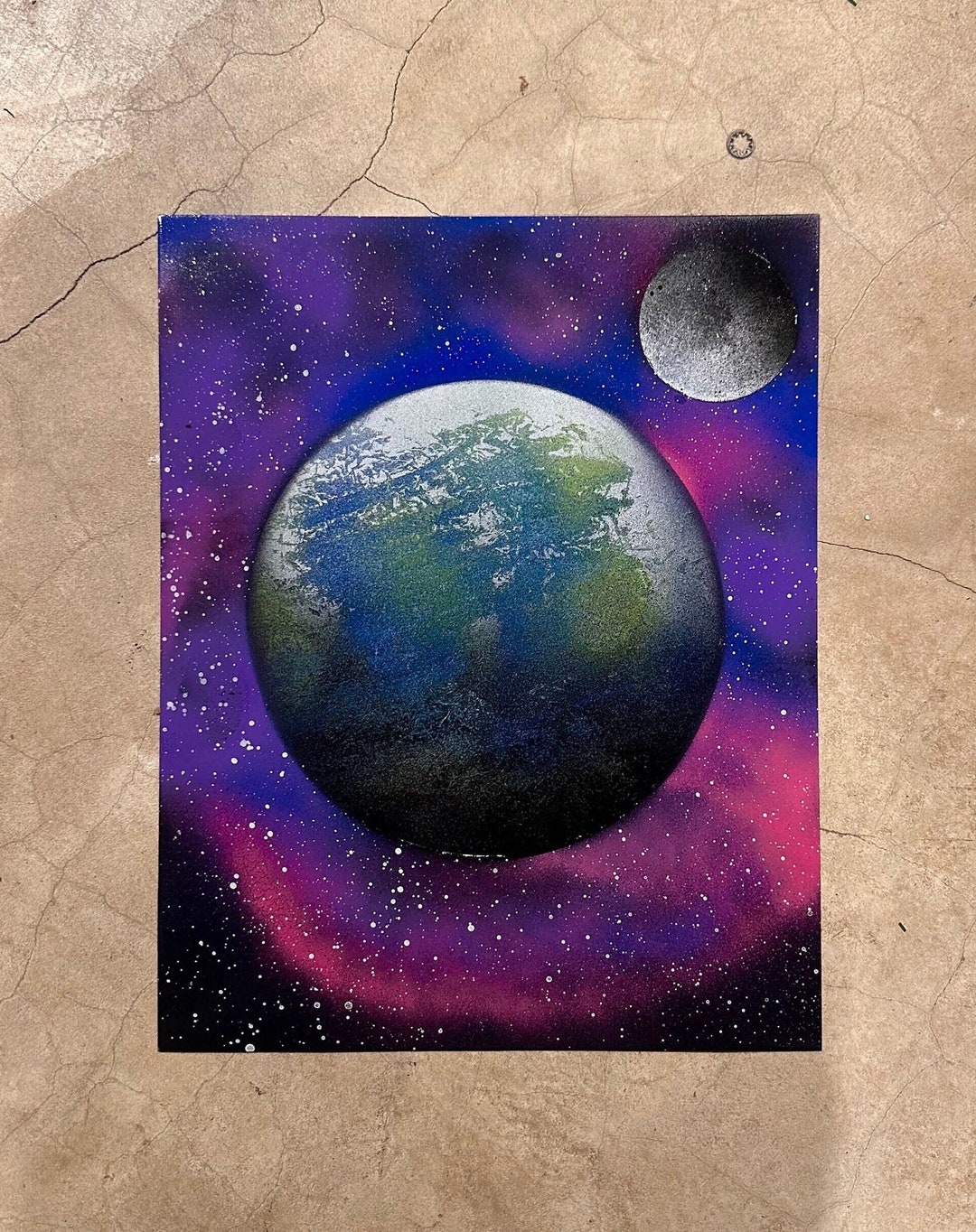 Earth and Moon Painting With Colorful Atmosphere and Stars - Etsy
