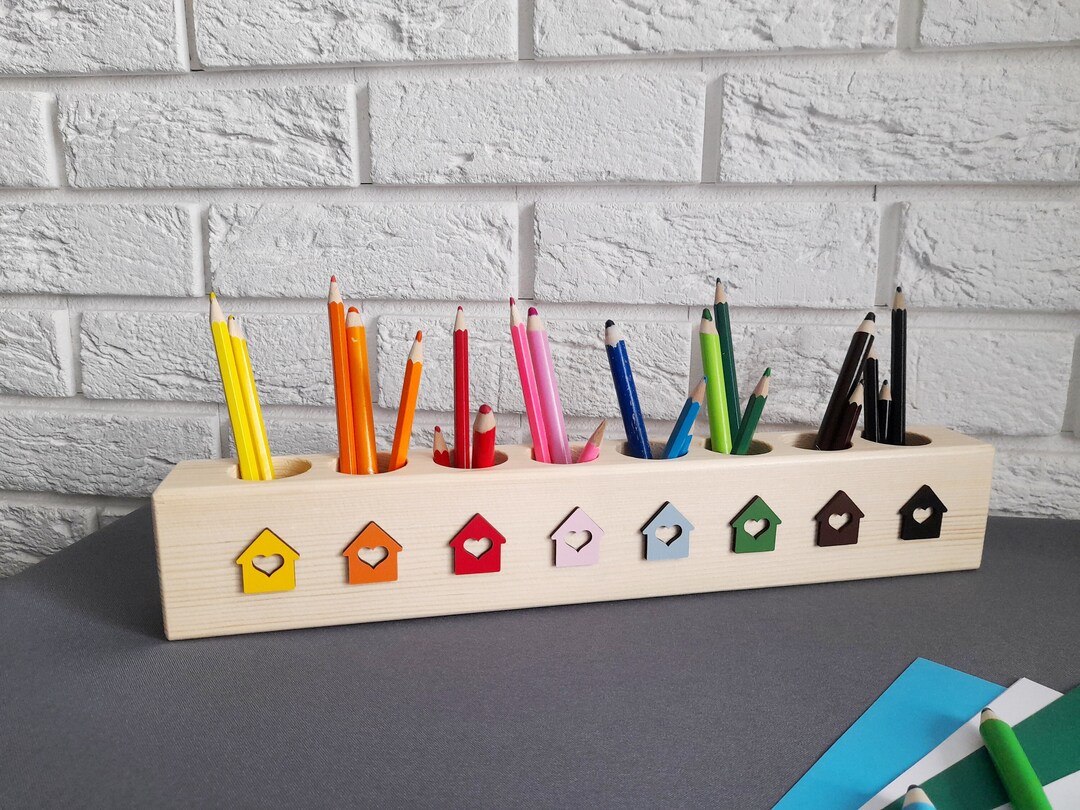 Wooden Crayon Sorter for Kids, Desk Organizer for Children, Montessori ...
