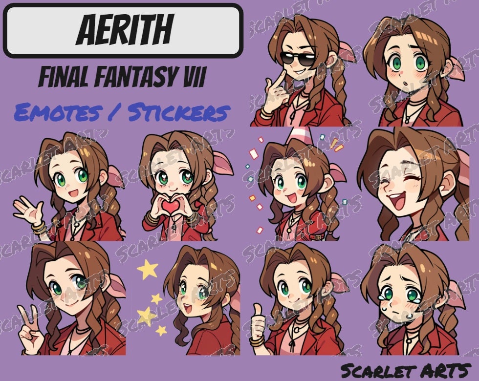 Aerith Final Fantasy VII FF7 Emotes / Stickers Anime Chibi Style Twitch ...