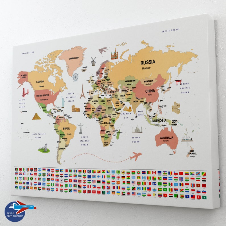 Large World Map Wall Art, Travel Map Canvas Painting, Illustrated and ...