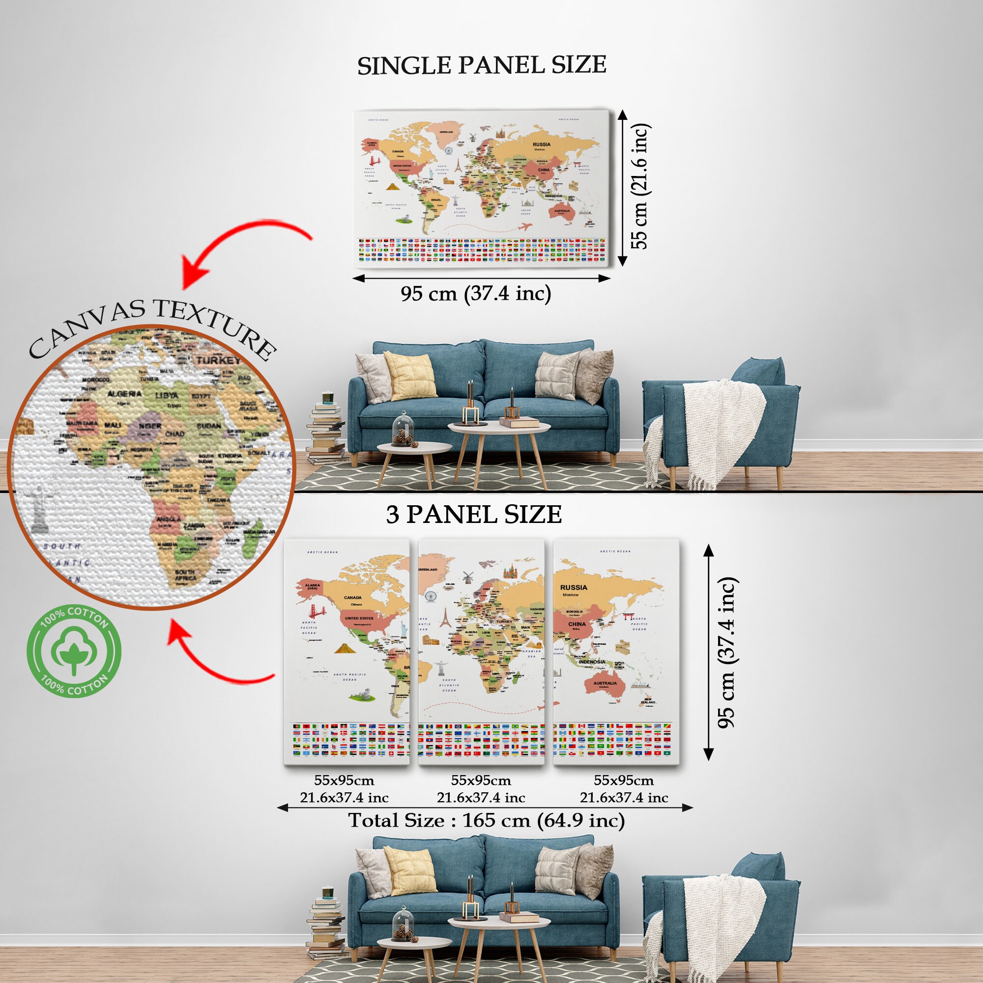 Large World Map Wall Art, Travel Map Canvas Painting, Illustrated and ...