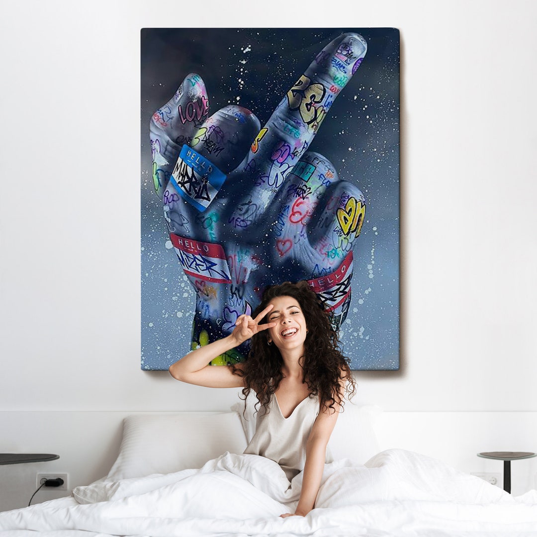 Middle Finger Graffiti Wall Art, Colorful Middle Finger Artwork, Pop ...