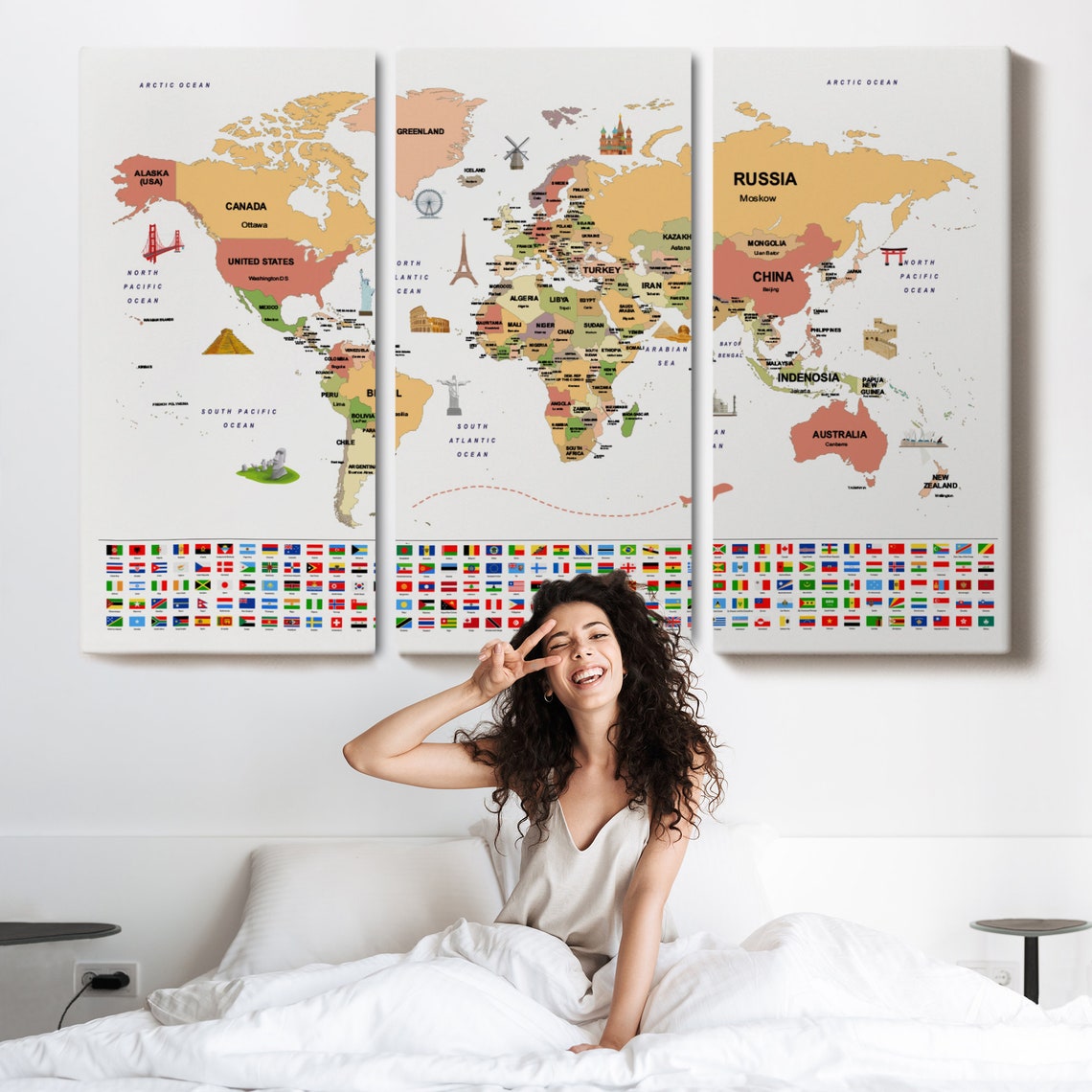 Large World Map Wall Art, Travel Map Canvas Painting, Illustrated and ...