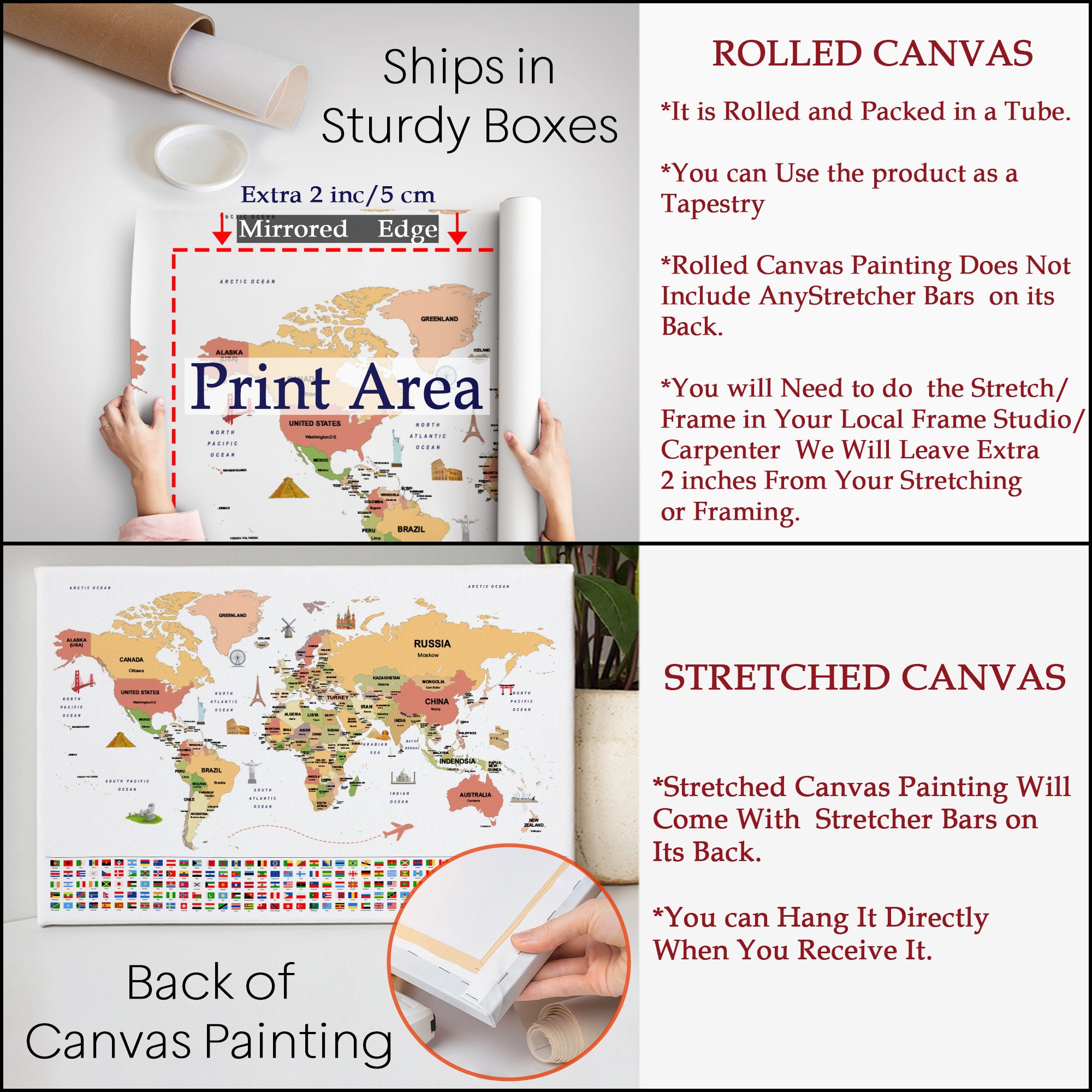 Large World Map Wall Art, Travel Map Canvas Painting, Illustrated and ...