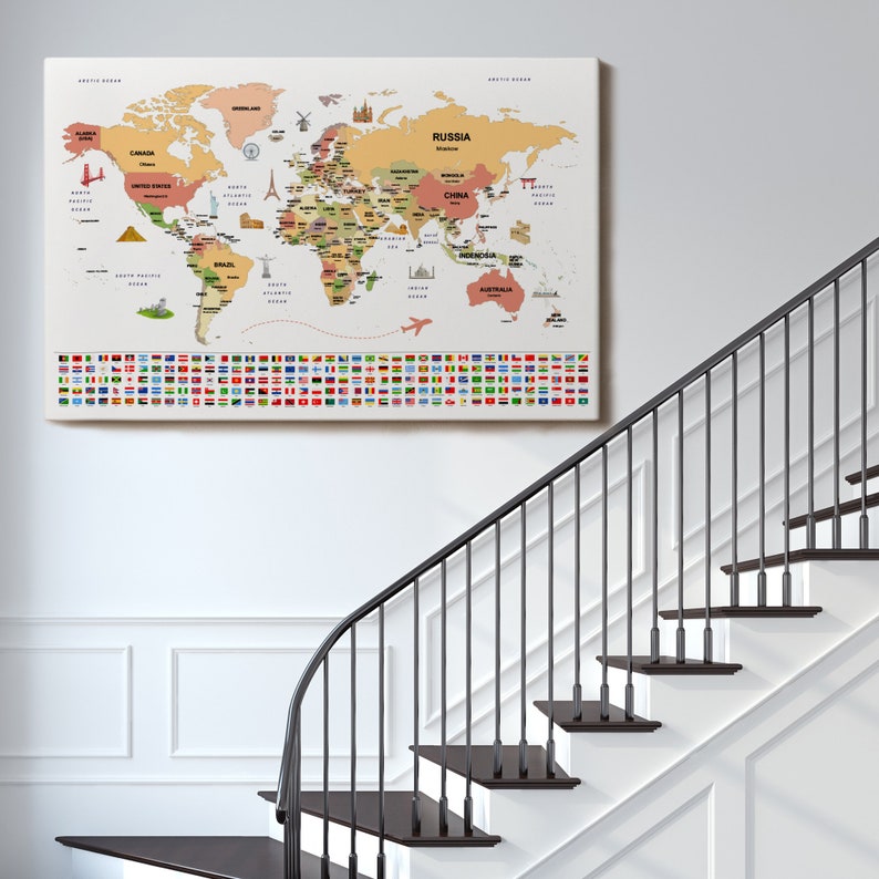 Large World Map Wall Art, Travel Map Canvas Painting, Illustrated and ...