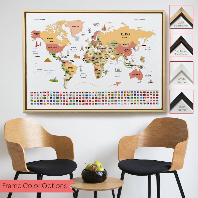 Large World Map Wall Art, Travel Map Canvas Painting, Illustrated and ...