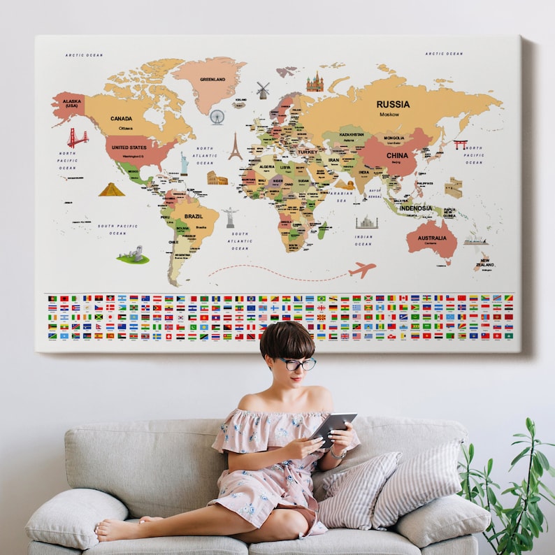 Large World Map Wall Art, Travel Map Canvas Painting, Illustrated and ...