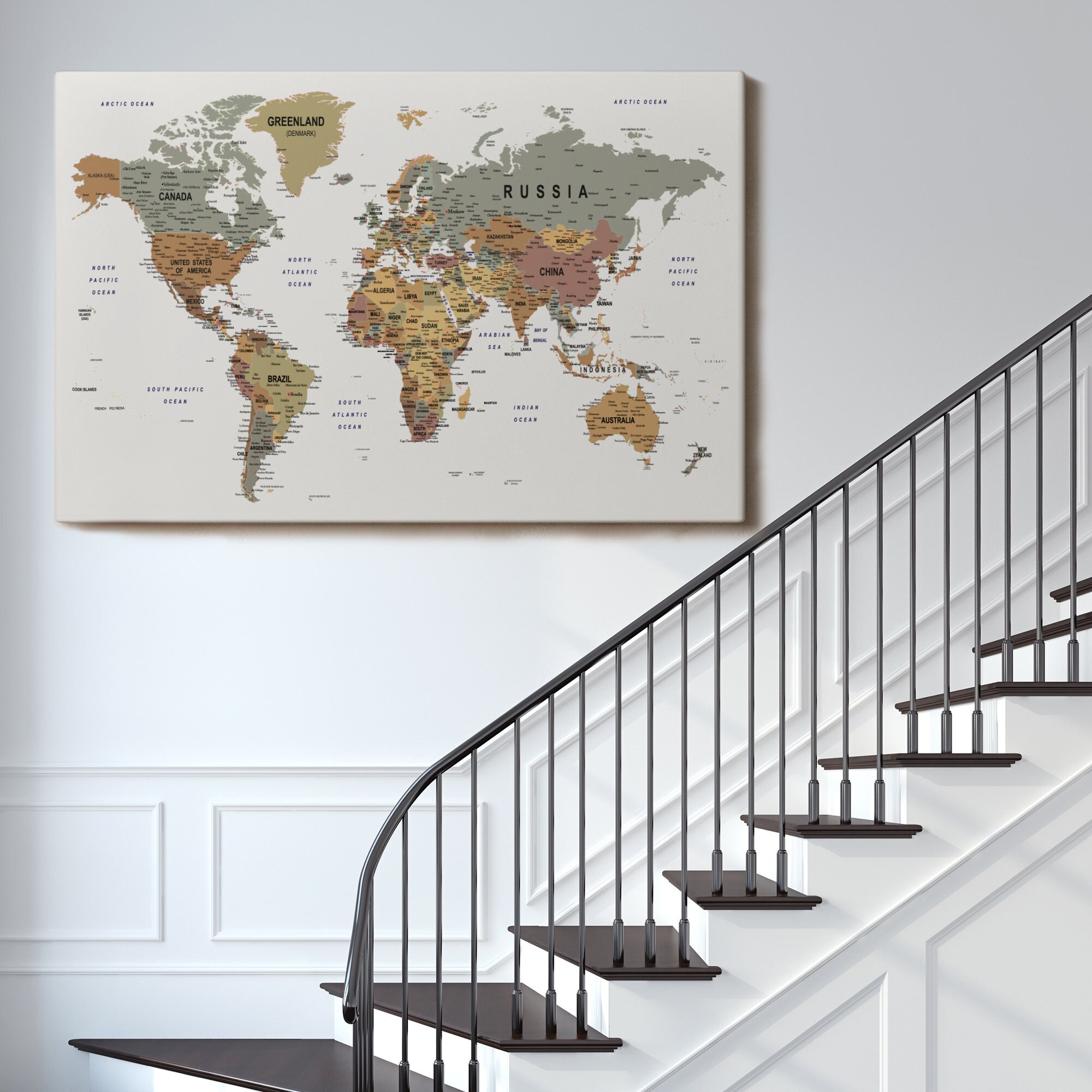 Large World Map Wall Art, Travel Map Canvas Painting, Colorful Map ...