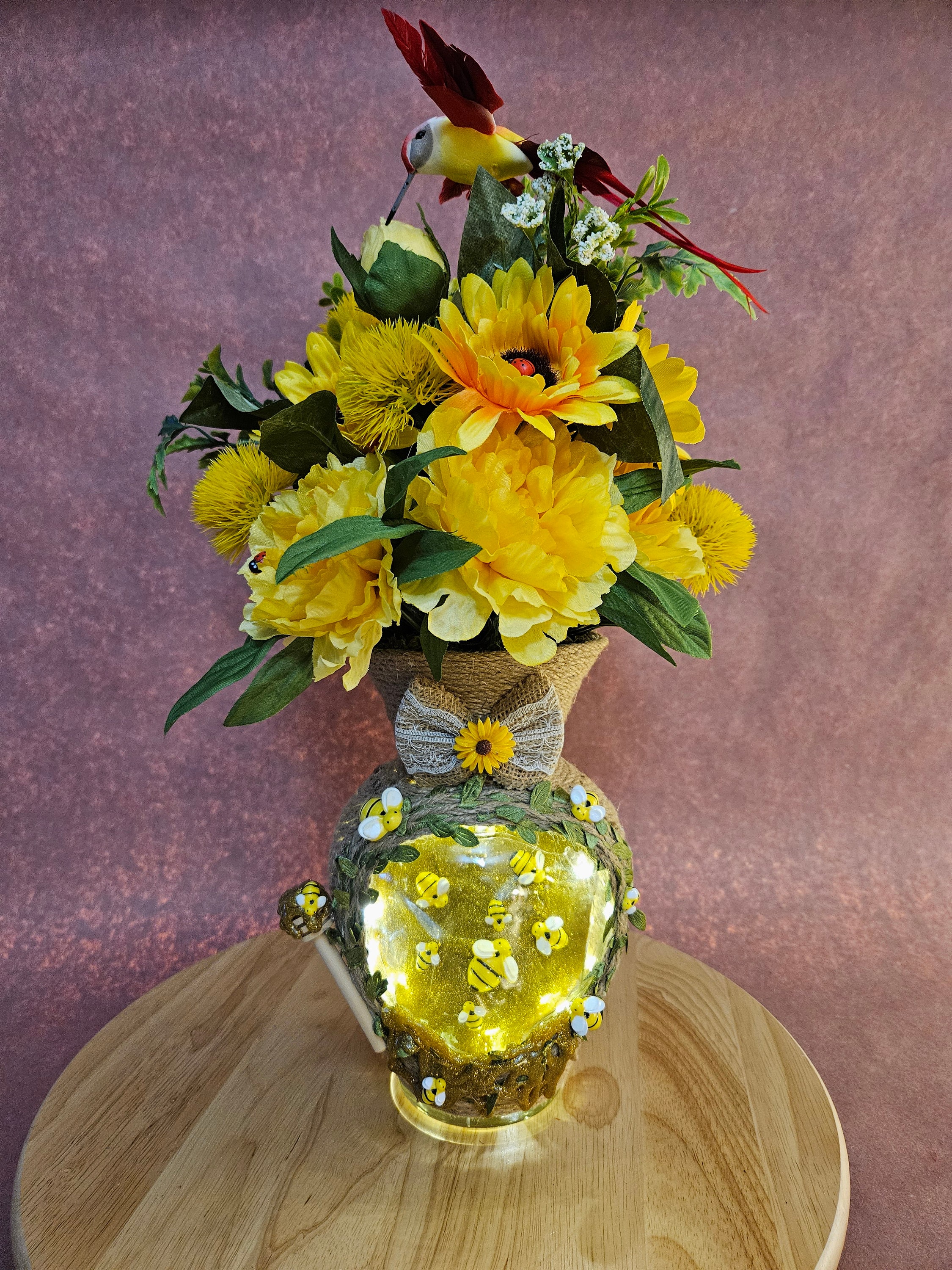 Handmade Bee Hive Vase With Yellow Flowers, Lady Bugs and Fairy Light - Etsy