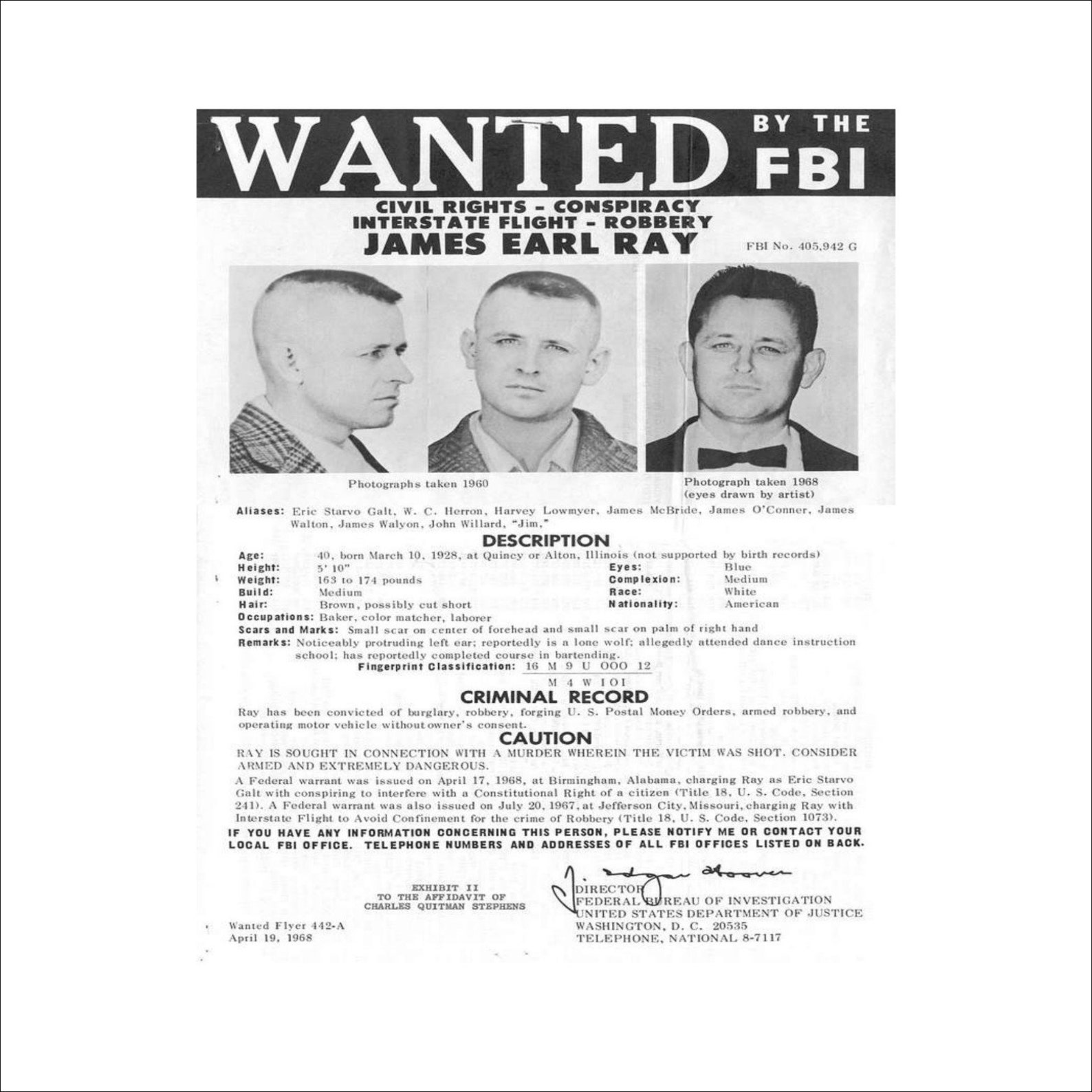 James Earl Ray Wanted Poster 1968 - Etsy
