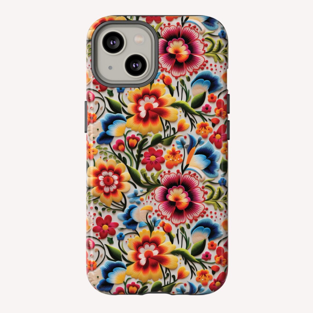 Vibrant Floral Mexican Folk Art Embroidery Phone Case Faux Embroidery ...